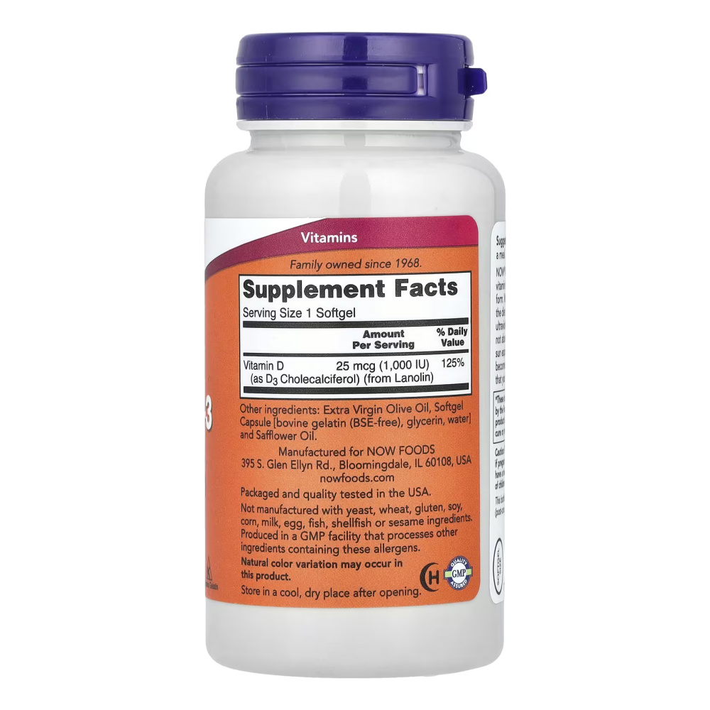 Now Foods Vitamin D-3 1,000 IU 180 Softgels | Xtreme Nutrition